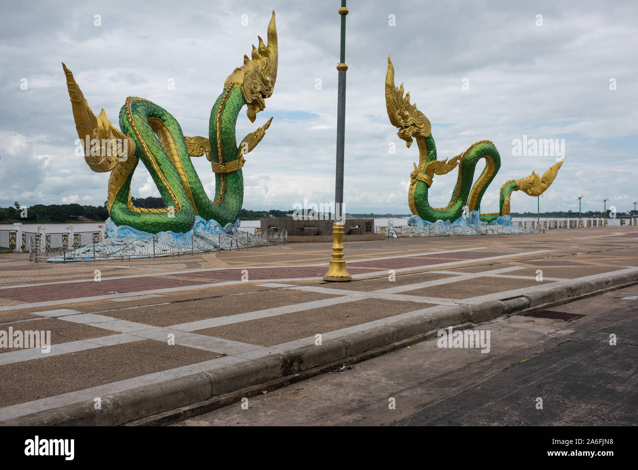 Nong Khai, Thailand, this is the Naga Statue at mekong river promenade ...