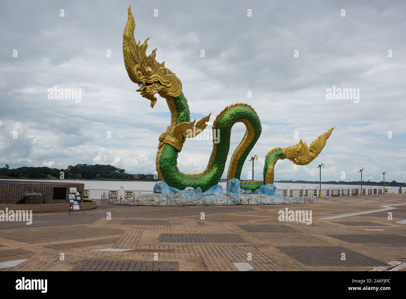 Nong Khai, Thailand, this is the Naga Statue at mekong river promenade ...