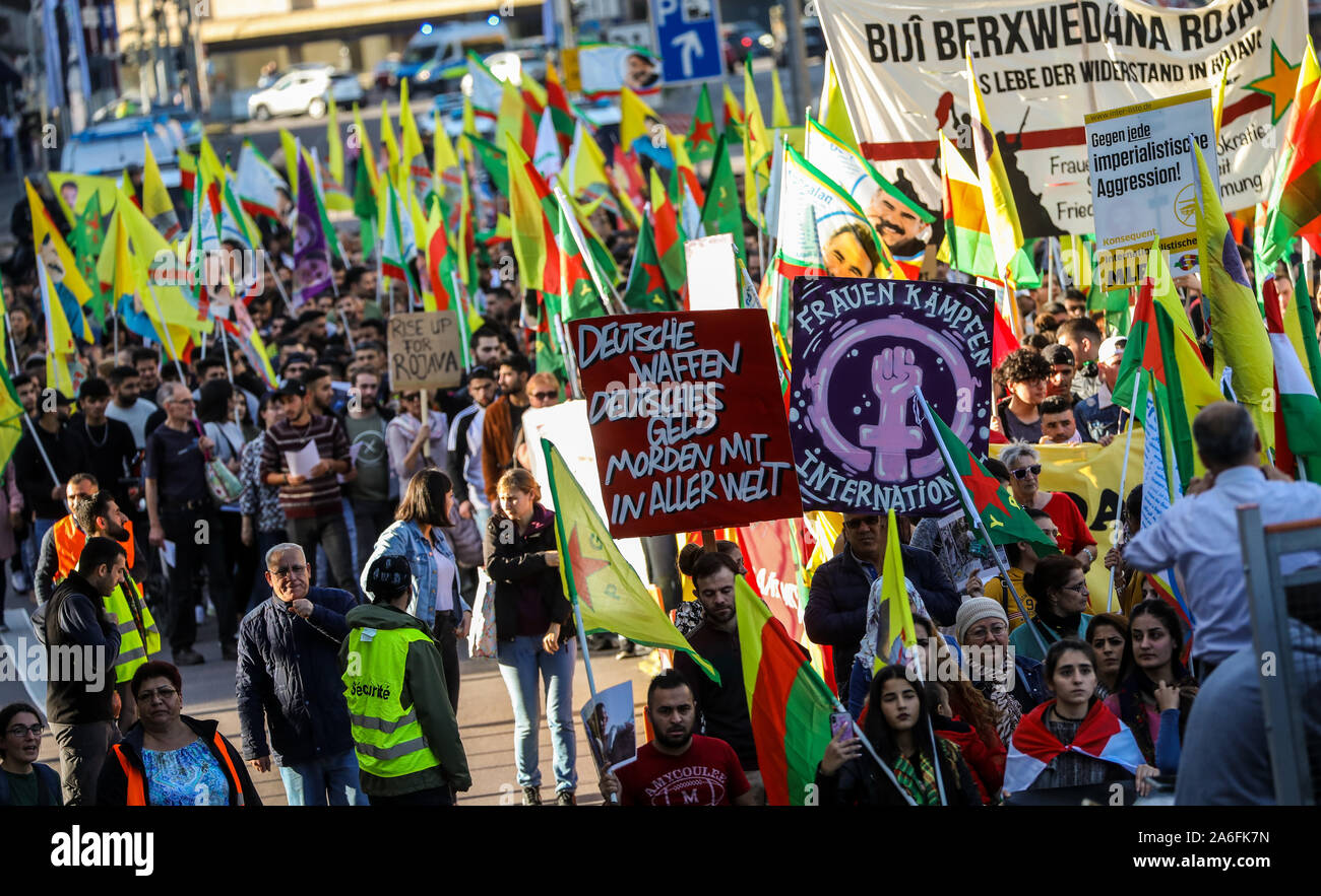 Stuttgart, Germany. 26th Oct, 2019. Kurdish demonstrators march through ...
