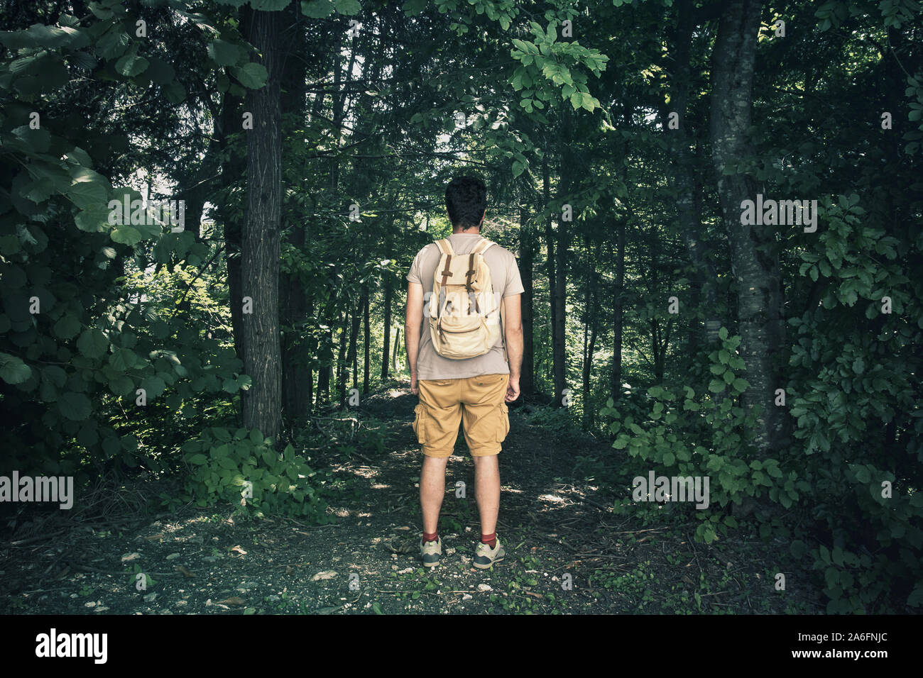 Man standing in front of a wild nature. Lonely male person in a ...