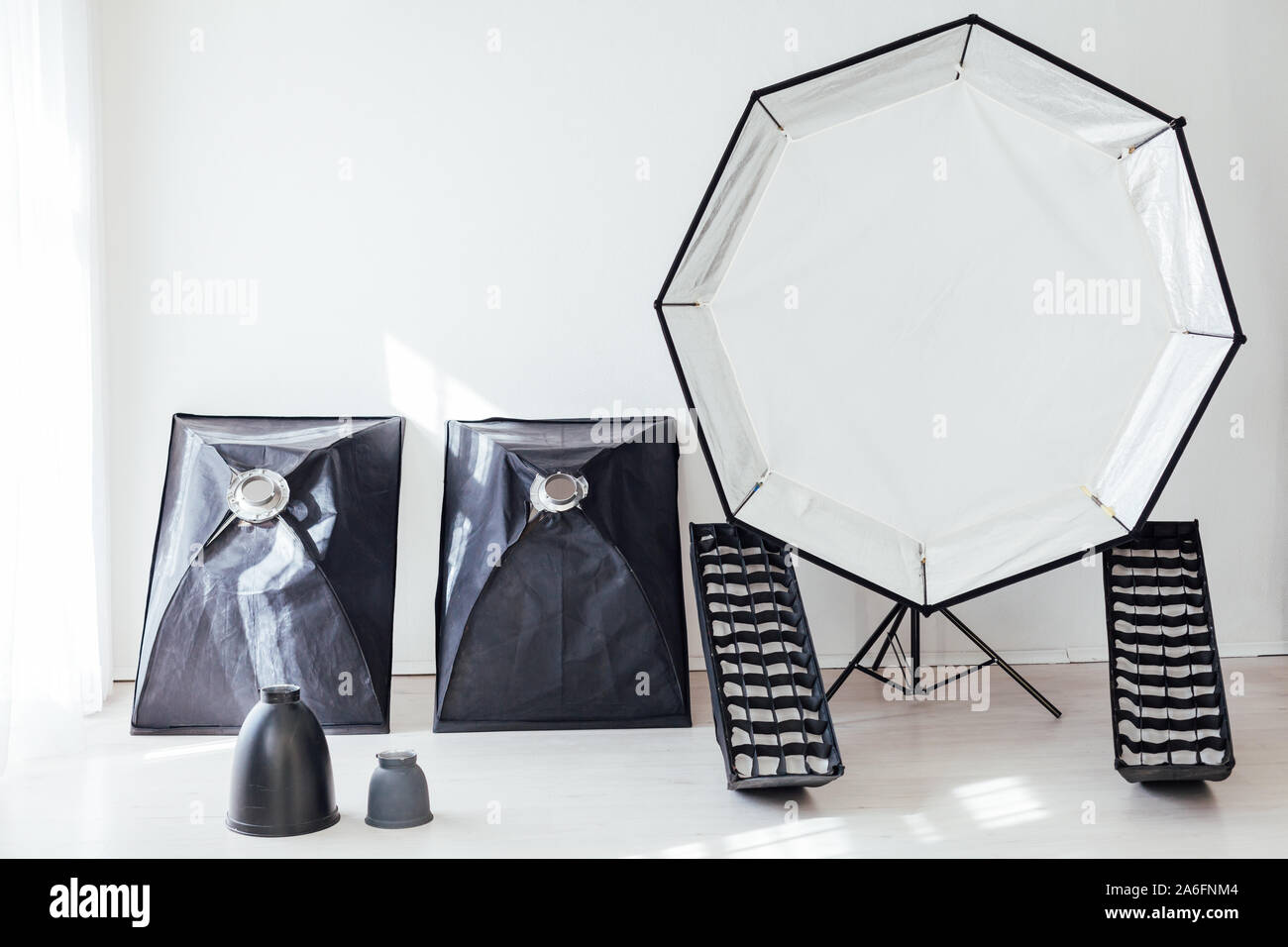 Photo studio accessories flash photographer on white background Stock ...