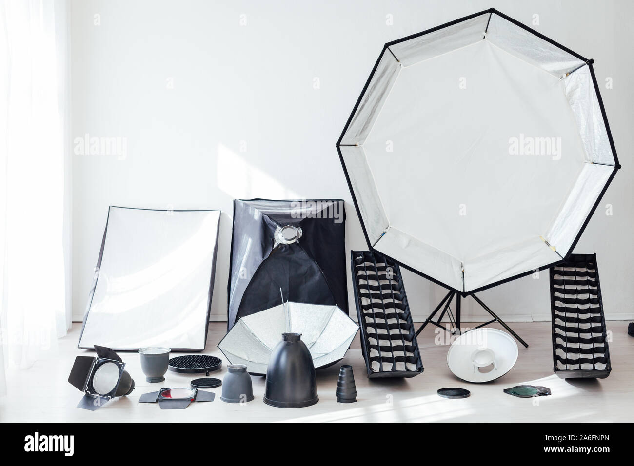 Photo studio accessories flash photographer on white background Stock ...