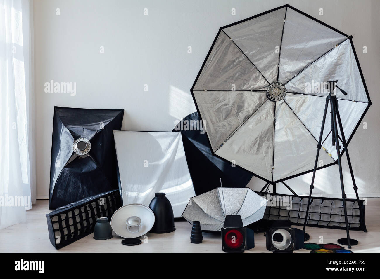 Photo studio accessories flash photographer on white background Stock ...