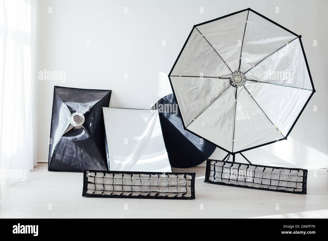 Photo studio accessories flash photographer on white background Stock ...