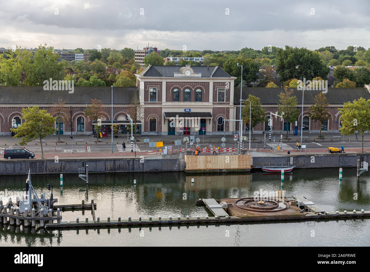 Dutch railway station Middelburg with construction site new canal ...