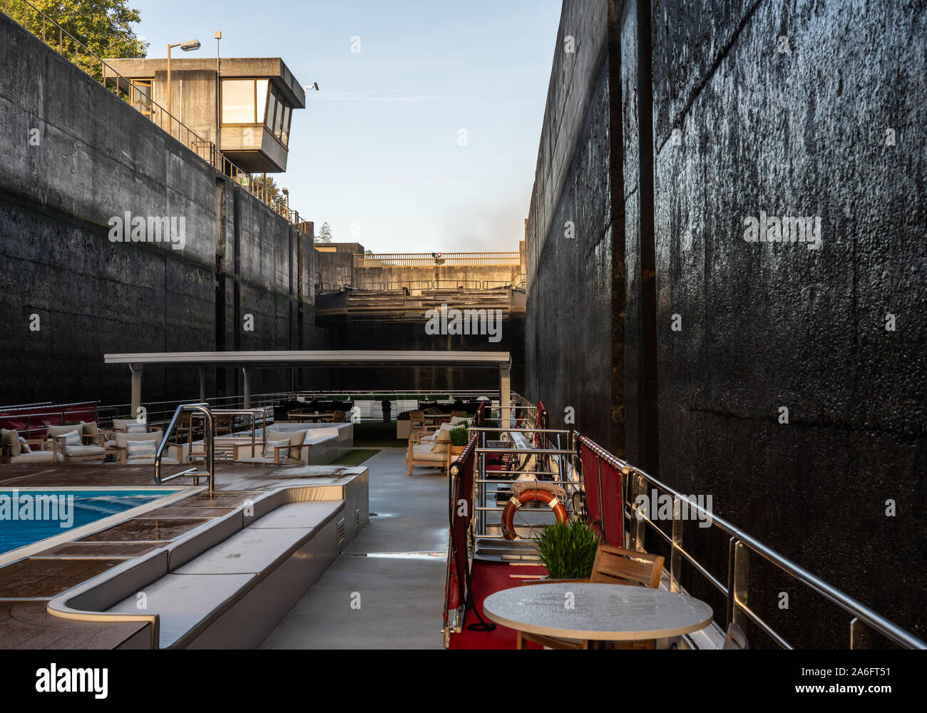 Deck of river cruise boat inside the lock at the Crestuma Lever dam on ...