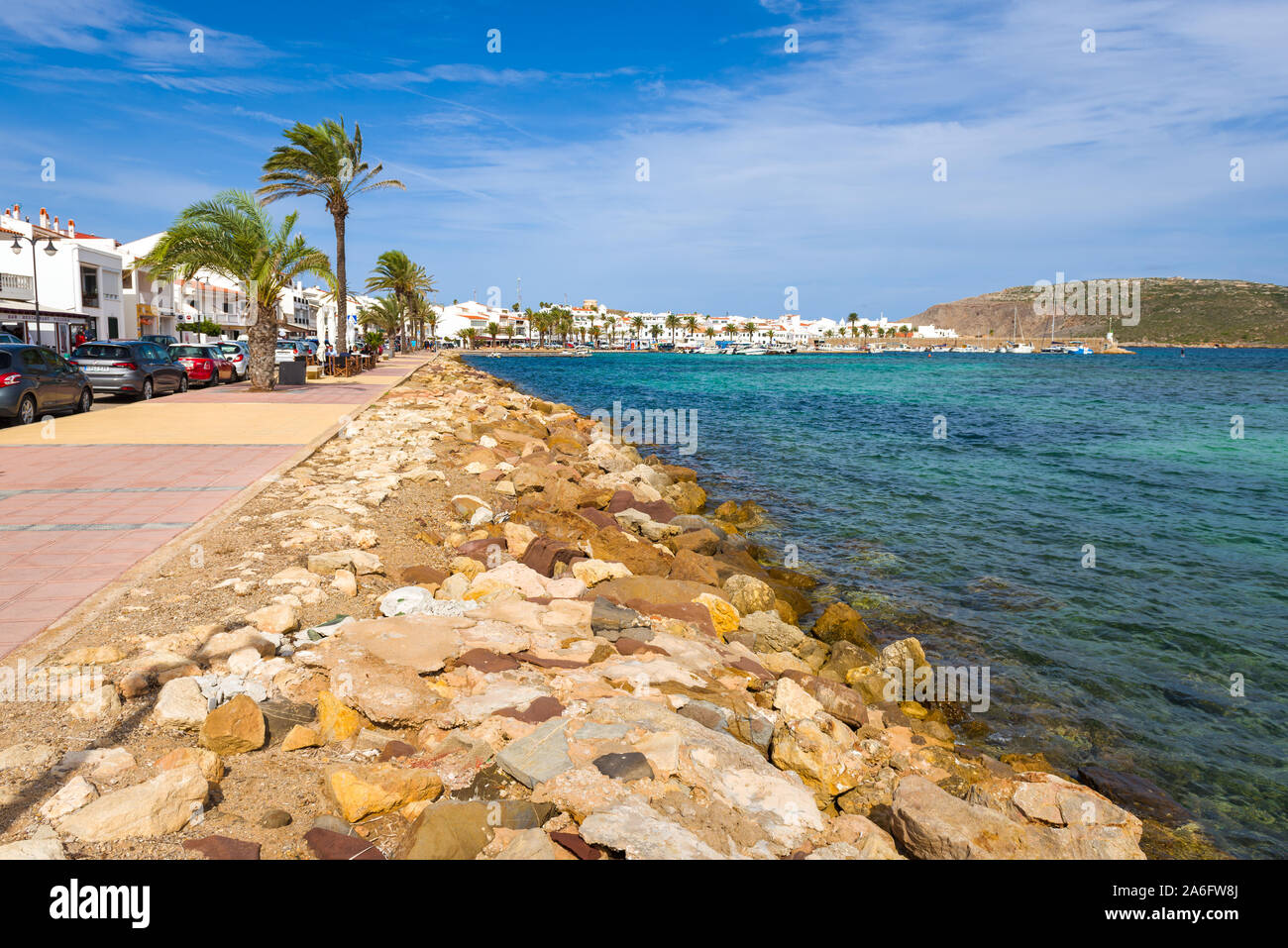 Menorca, Spain - October 12, 2019: The seafront promenade and port in ...