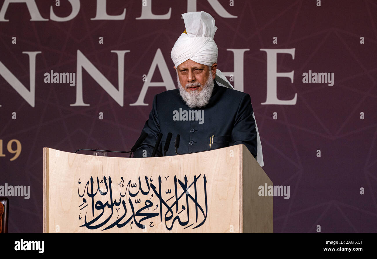 Nahe, Germany. 26th Oct, 2019. Caliph Mirza Masroor Ahmad, spiritual head of the worldwide ...