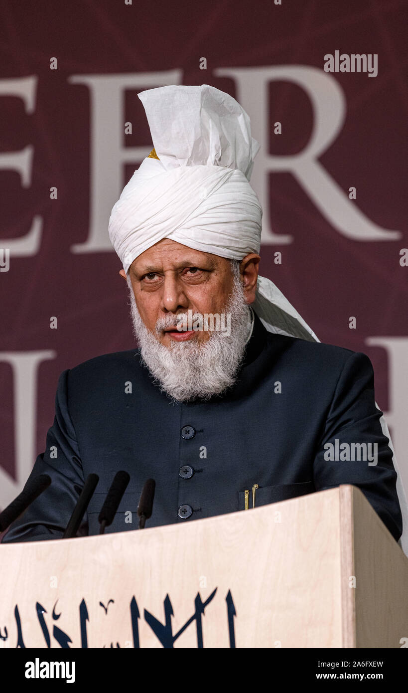 Nahe, Germany. 26th Oct, 2019. Caliph Mirza Masroor Ahmad, spiritual head of the worldwide ...