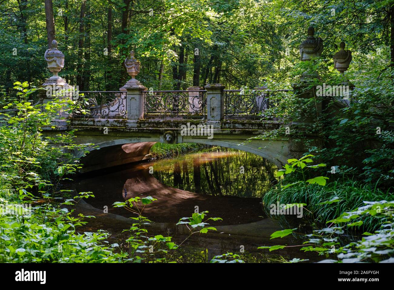 Bridge over canal, palace gardens Nymphenburg, Munich, Upper Bavaria ...