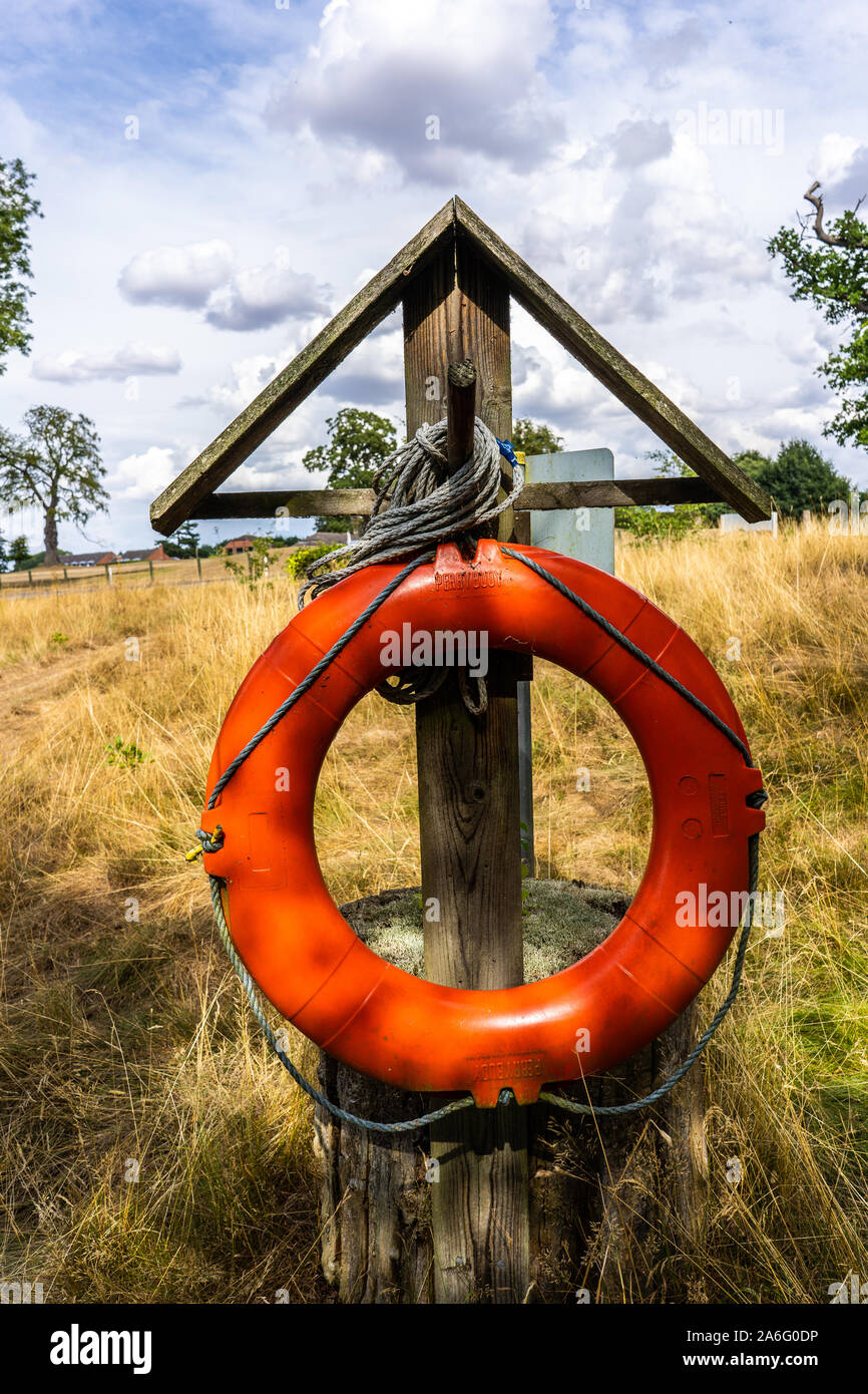 Caution deep water sign, by the side of a large lake, river, hazard ...