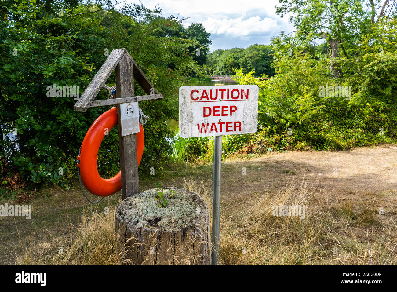 Caution deep water sign, by the side of a large lake, river, hazard ...