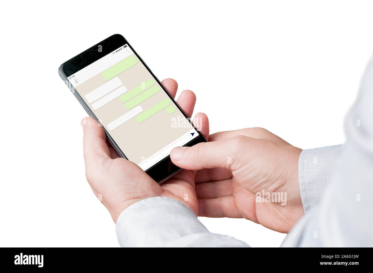 Man in shirt using a smartphone to send instant messages. White ...