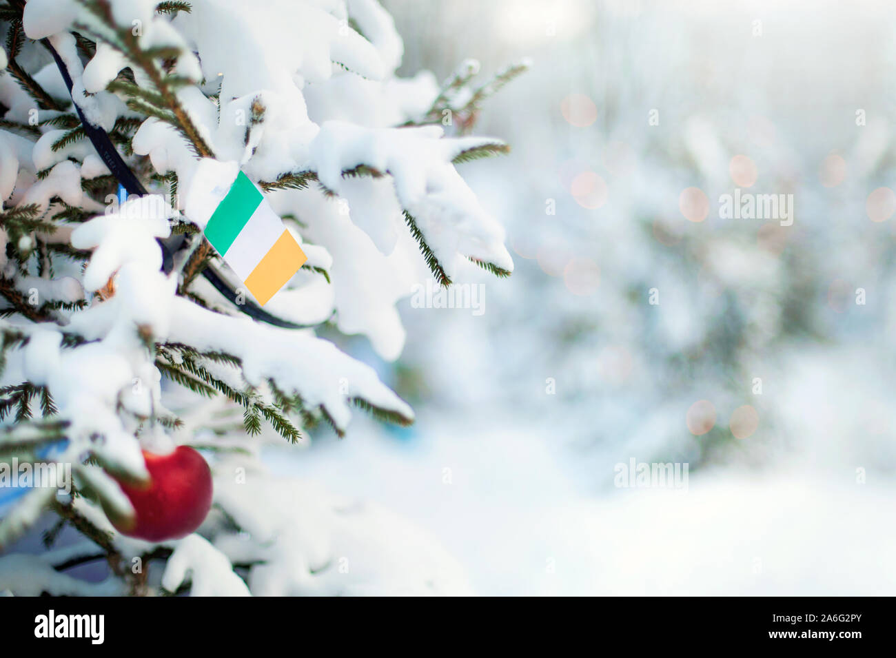 Christmas Ireland. Xmas tree covered with snow, decorations and a flag ...