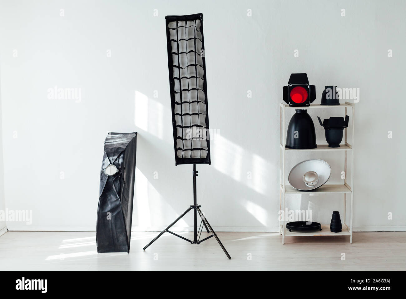 Photo studio equipment accessories photographer flashes on white ...