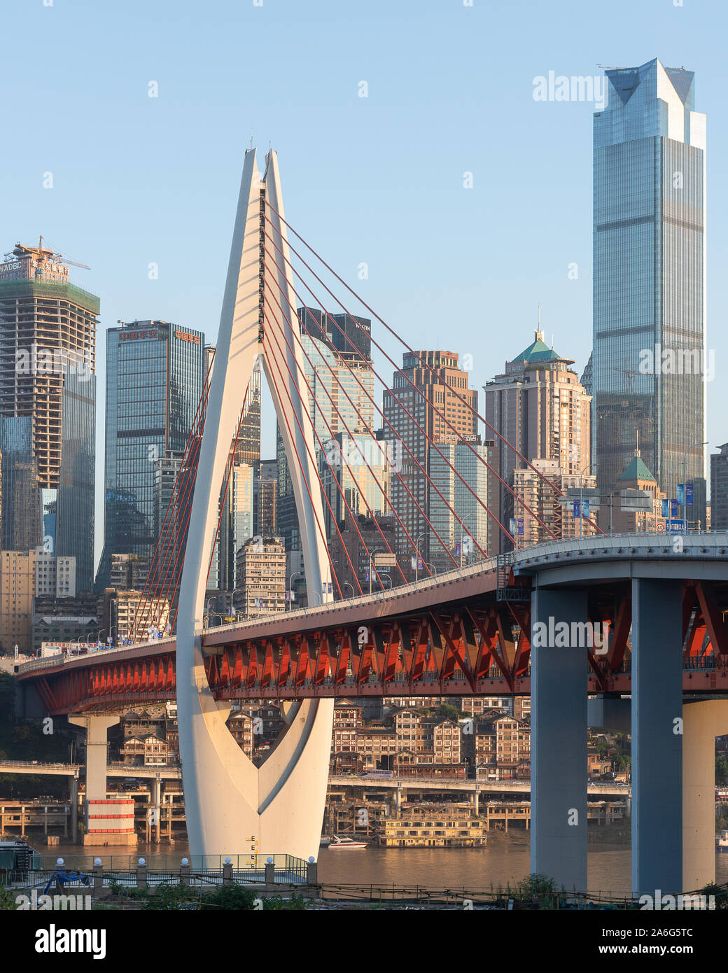Afternoon view of Chonqging skyline crossing the famous Jialing River ...