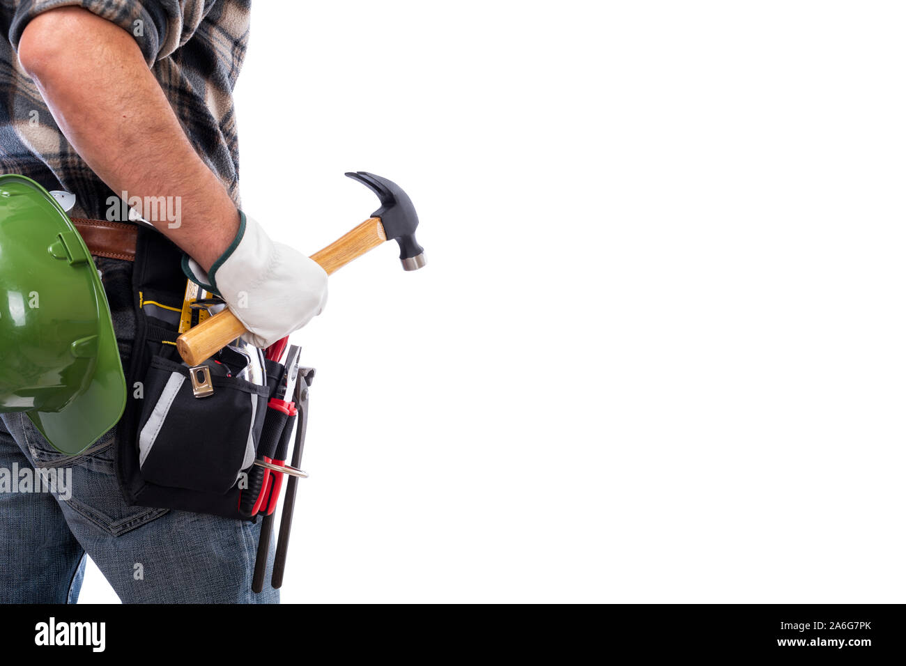Rear view of a carpenter isolated on a white background; he wears ...