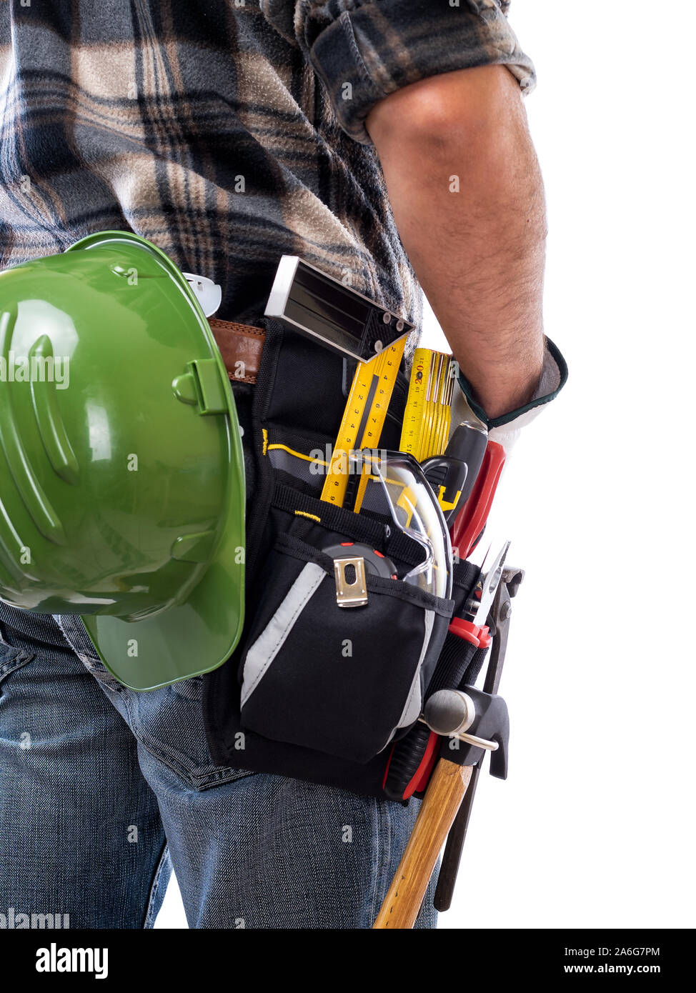 Rear view of a carpenter isolated on a white background, he is wearing ...