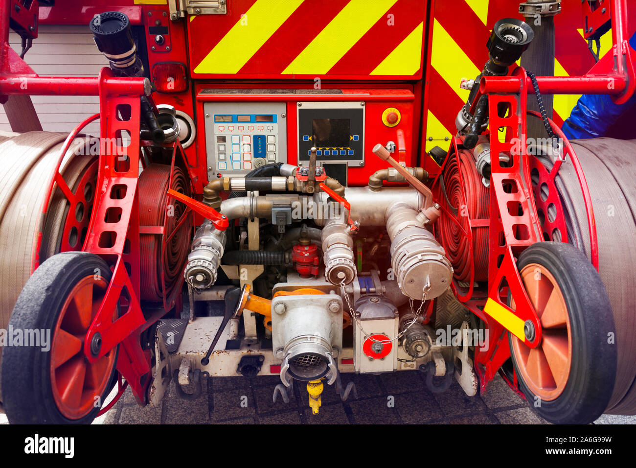 Fire track back with pump connectors close-up Stock Photo - Alamy