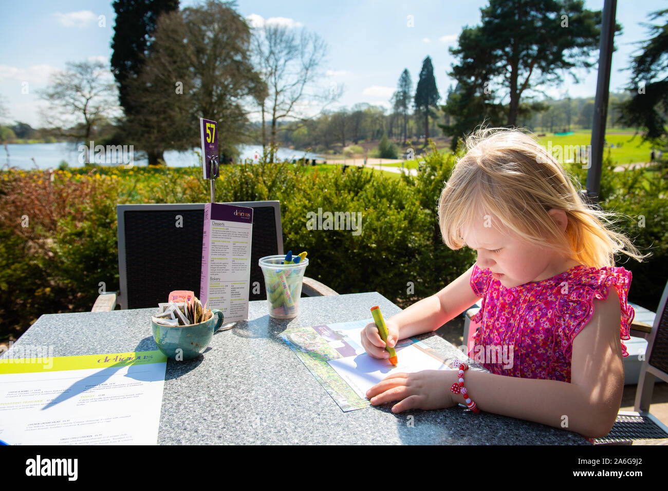 A cute little girl wearing a pretty dress enjoys doing some colouring ...
