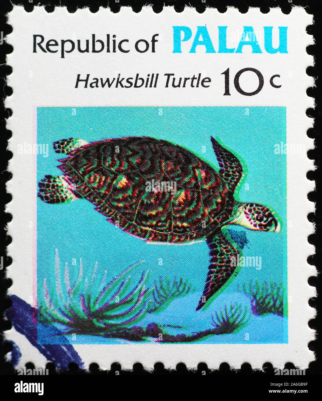 Hawksbill turtle on postage stamp of Palau Stock Photo - Alamy