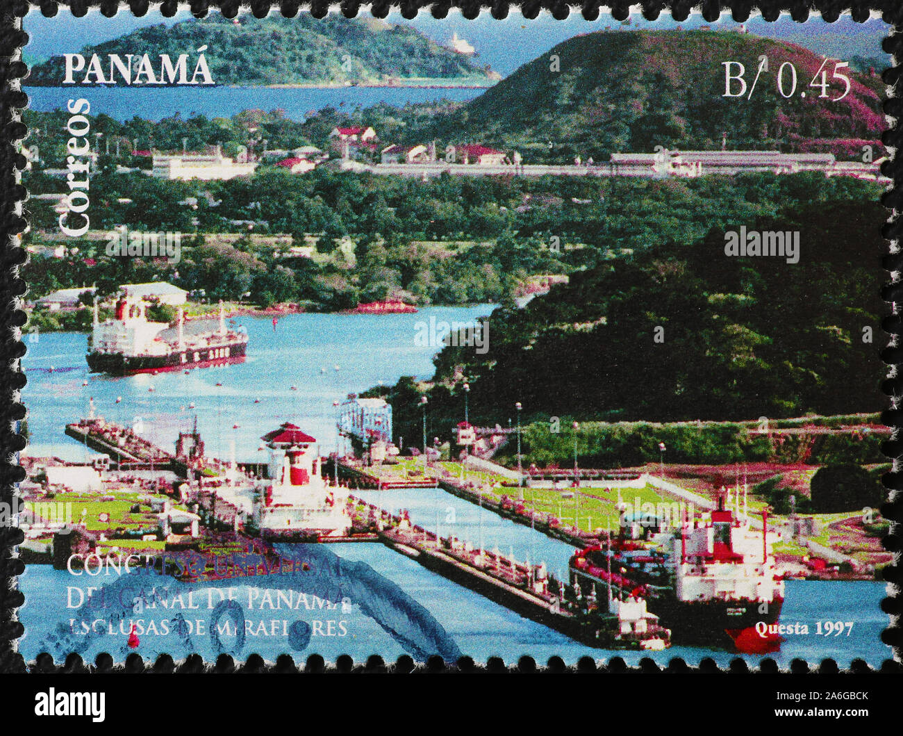 Cargo ships in Panama canal on postage stamp Stock Photo - Alamy