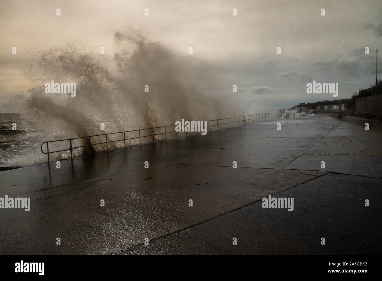 Large waves hit the promenade as a storm approaches the Essex coast ...