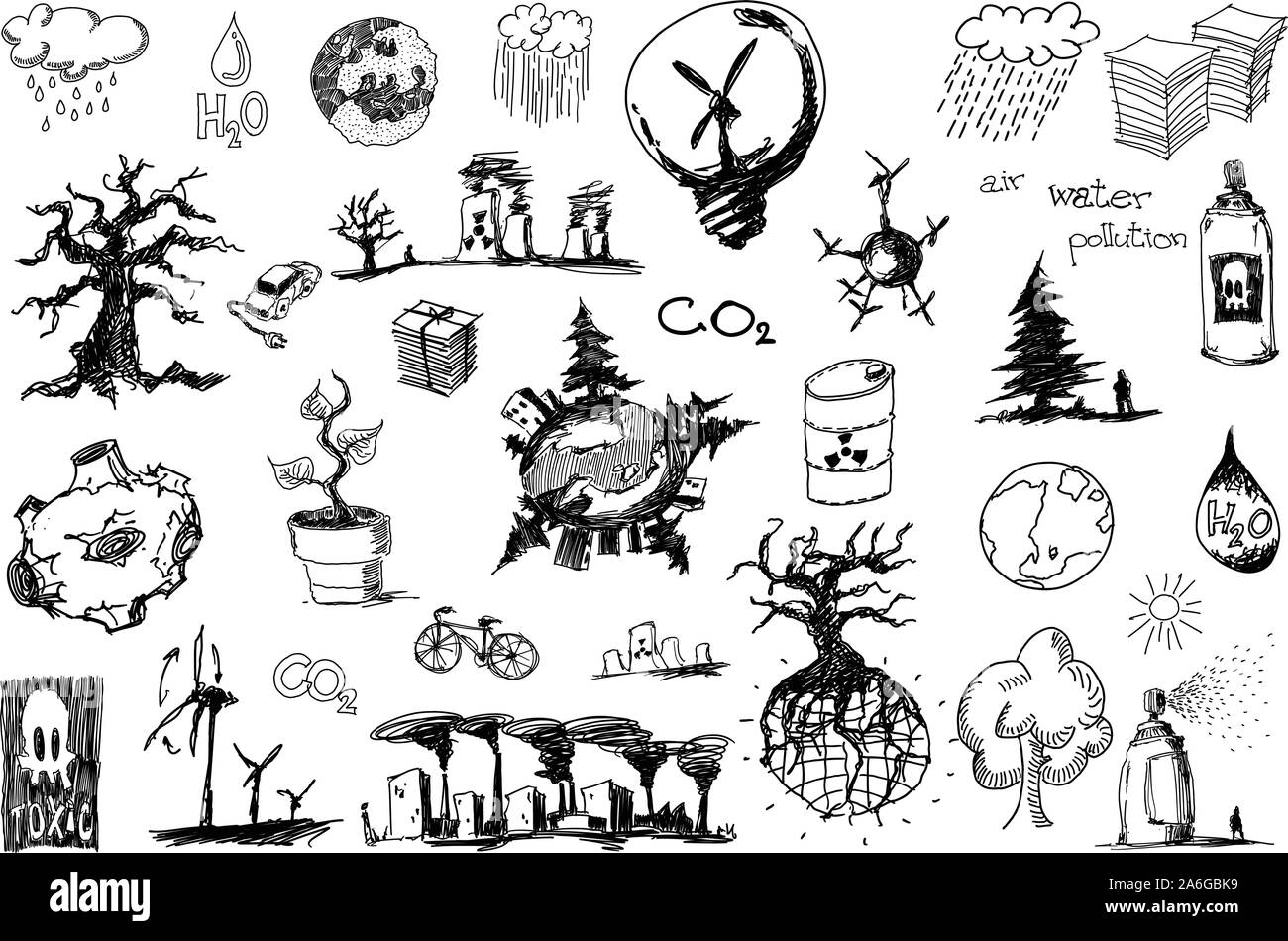 many hand drawn sketches of topics regarding nature nd environment and ...