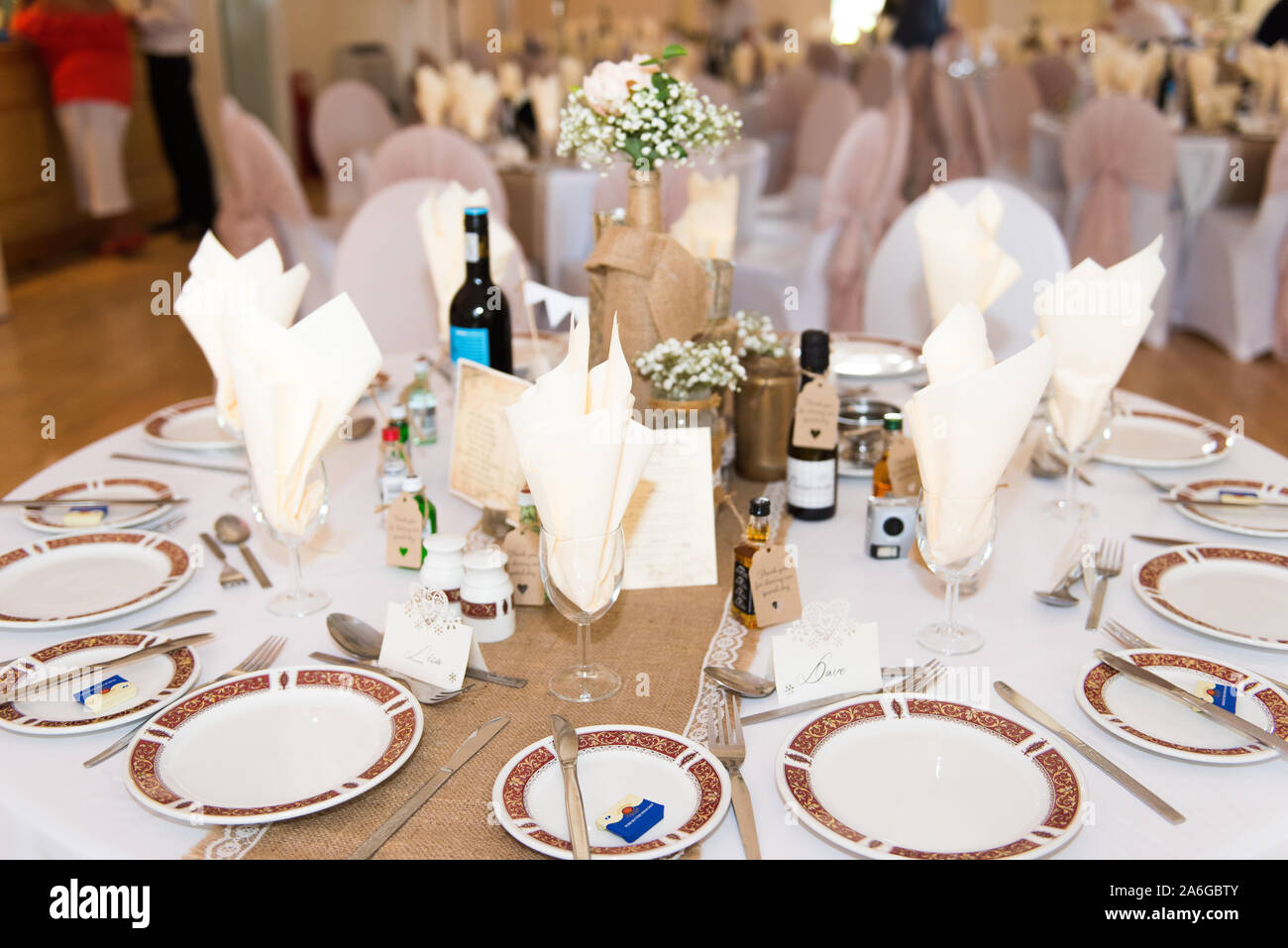 Tables and venue all set for the wedding breakfast prior to the guests ...