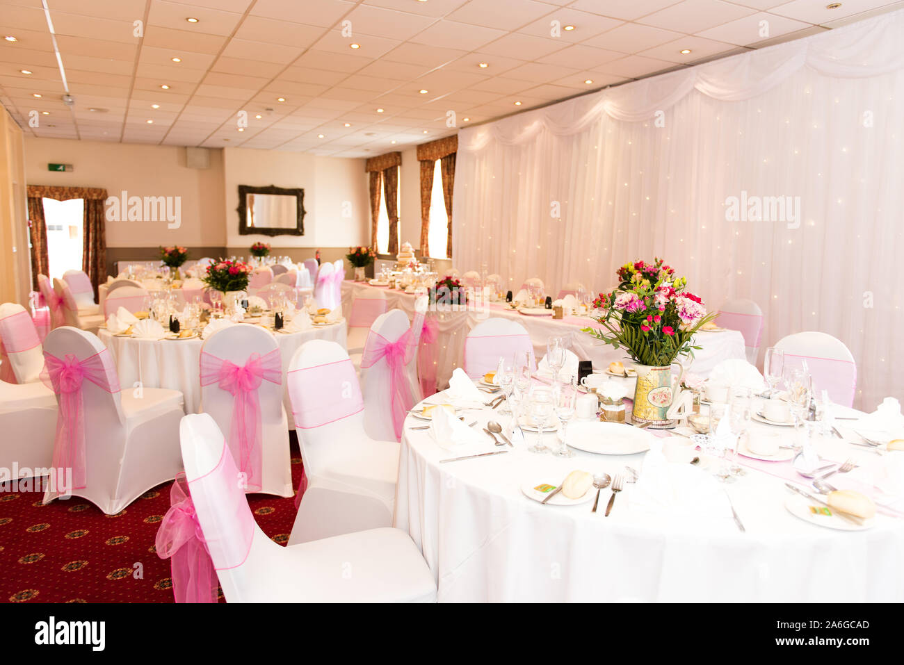 Tables and venue all set for the wedding breakfast prior to the guests ...