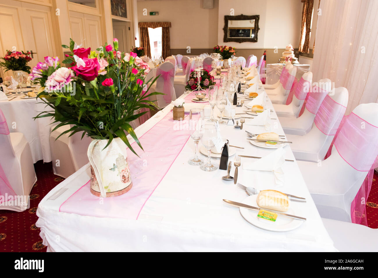 Tables and venue all set for the wedding breakfast prior to the guests ...