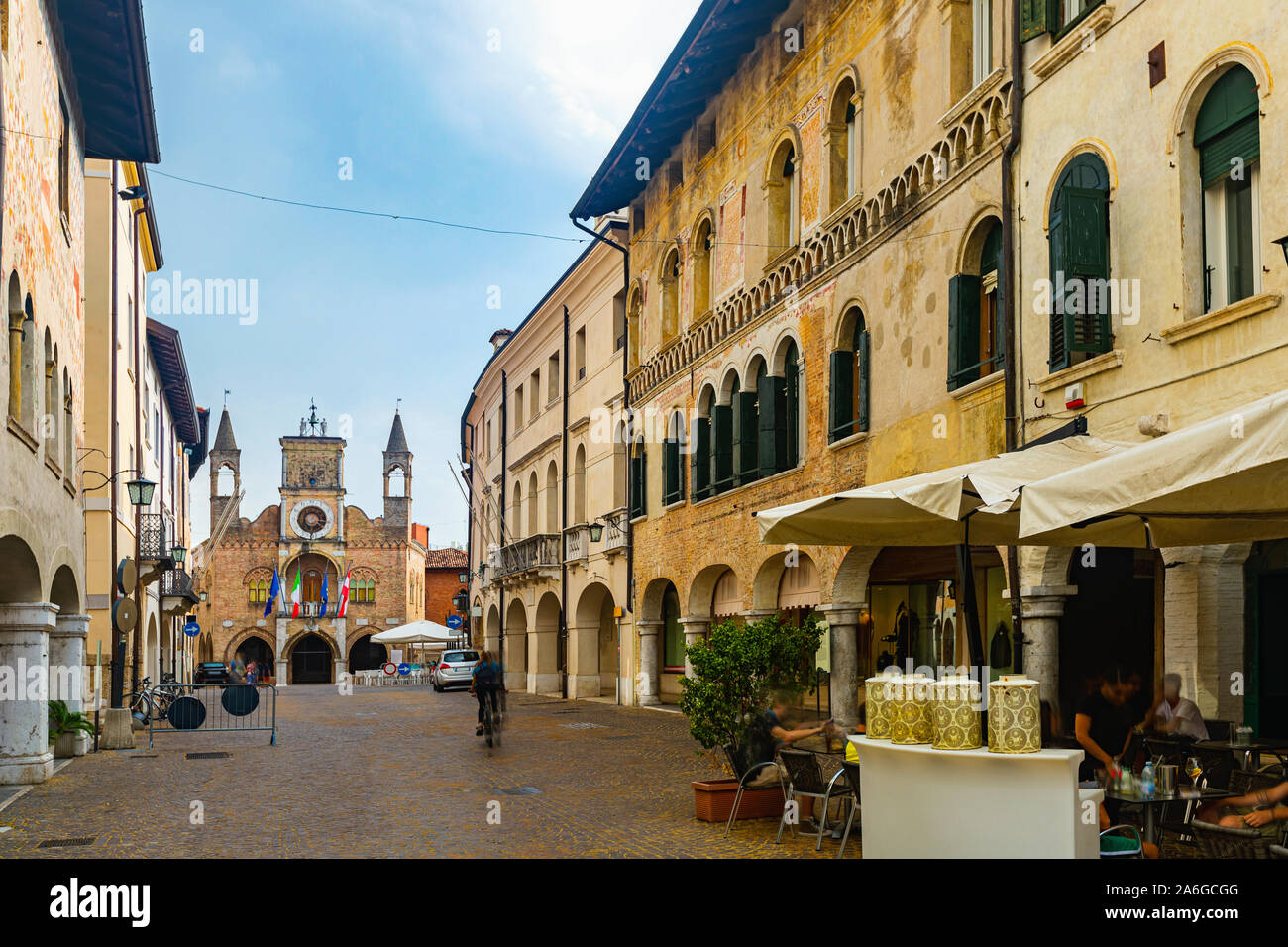 View of typical street in historical center of Pordenone overlooking ...