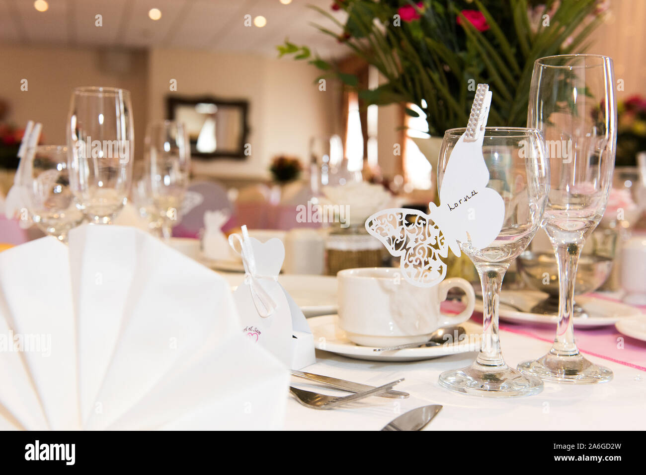 Tables and venue all set for the wedding breakfast prior to the guests ...