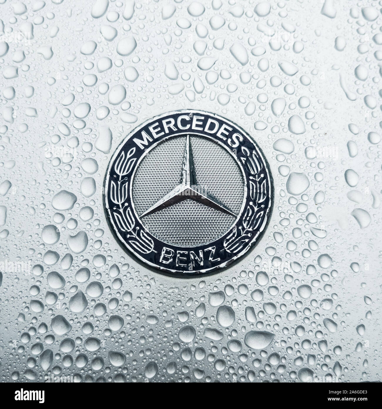 The modern hood emblem of Mercedes-Benz car in raindrops August 18 ...