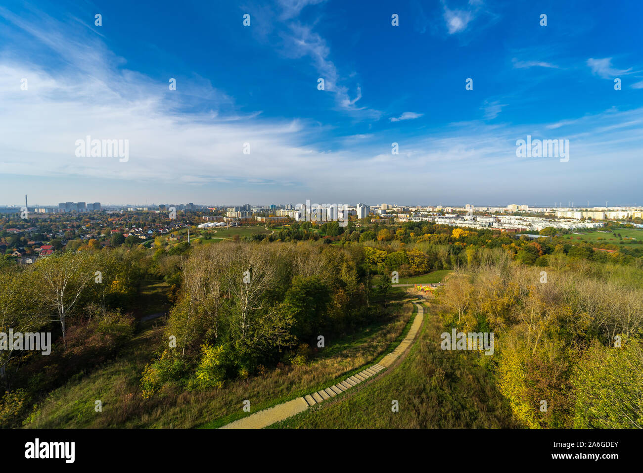 The view on multi-storey houses and natural park residential areas of ...