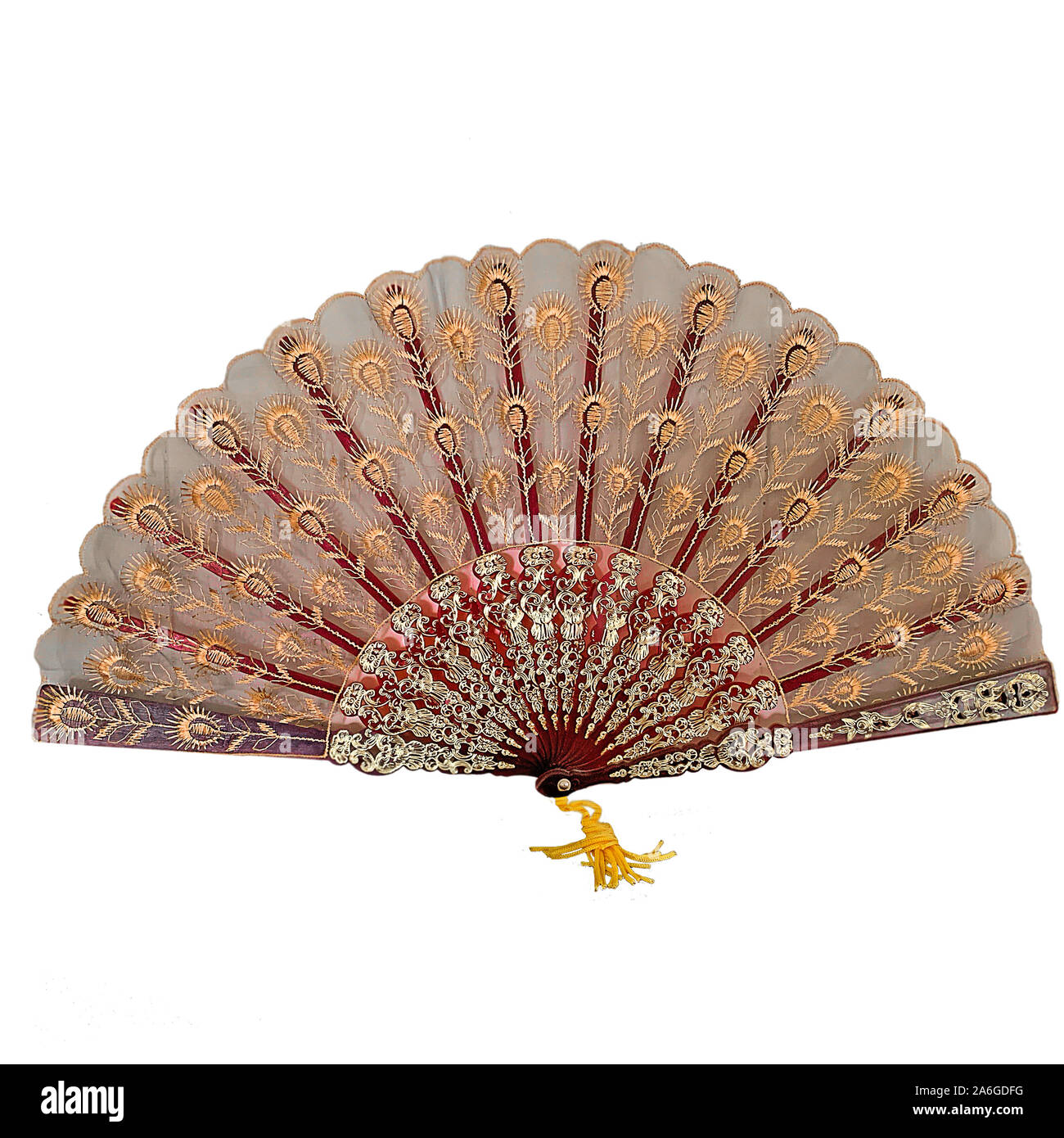 Fancy and delicate fan in red and gold isolated on white background ...