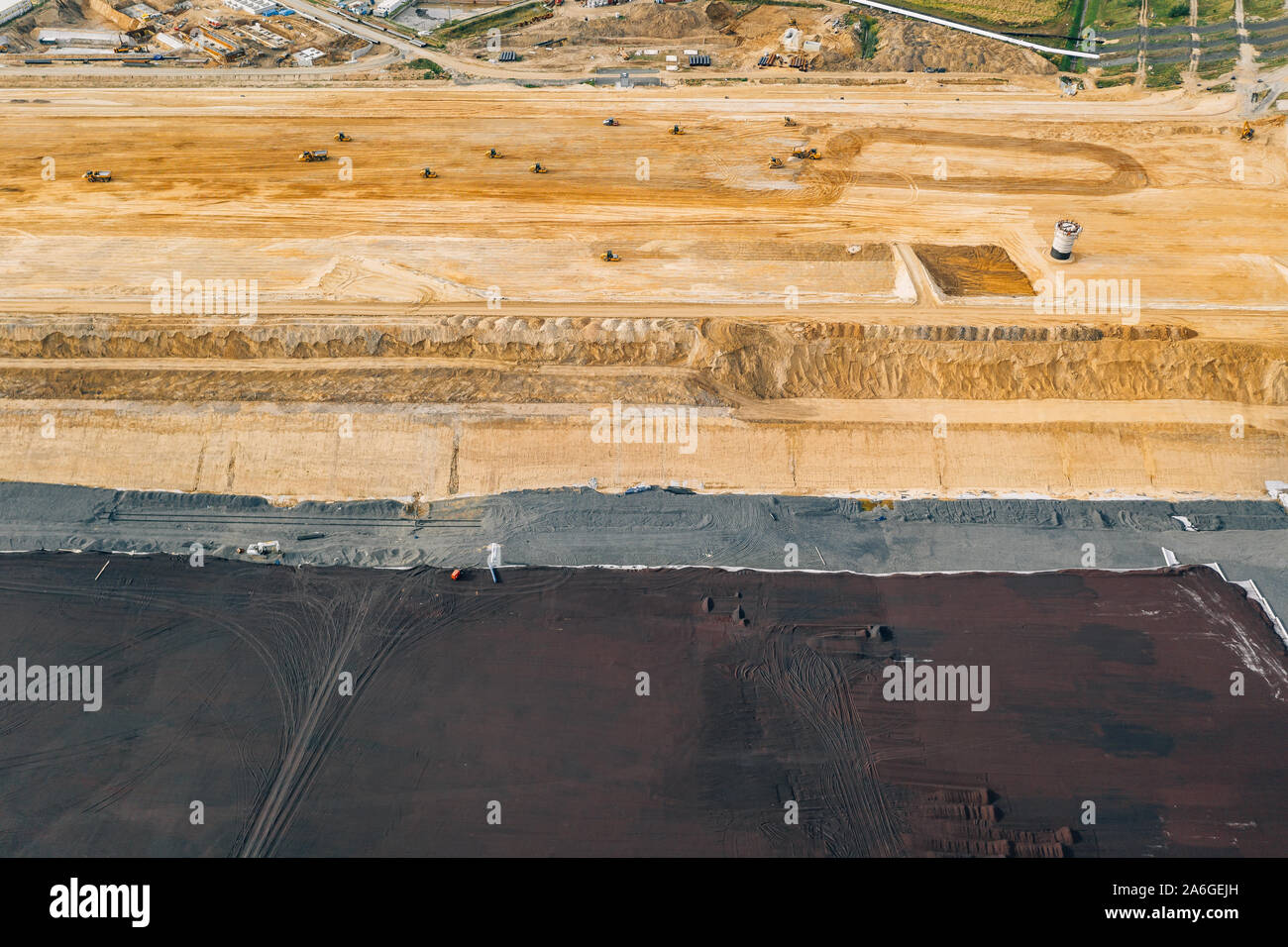 Aerial drone photography of an enormous sand pit construction site ...