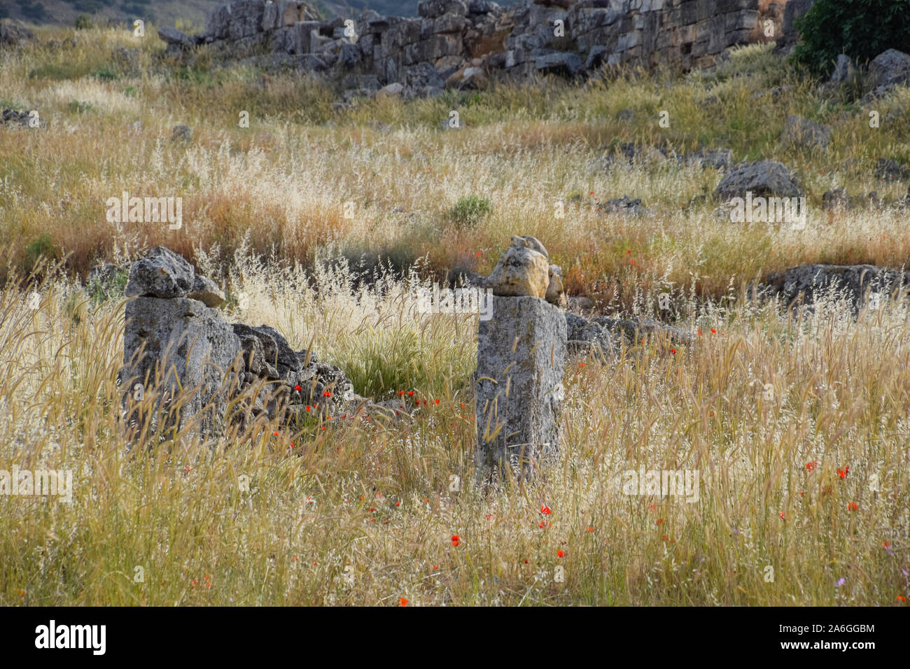 Antique ruins and limestone blocks in Hierapolis, Turkey. Ancient ...