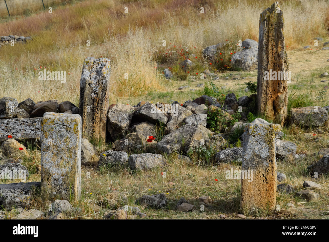 Antique ruins and limestone blocks in Hierapolis, Turkey. Ancient ...