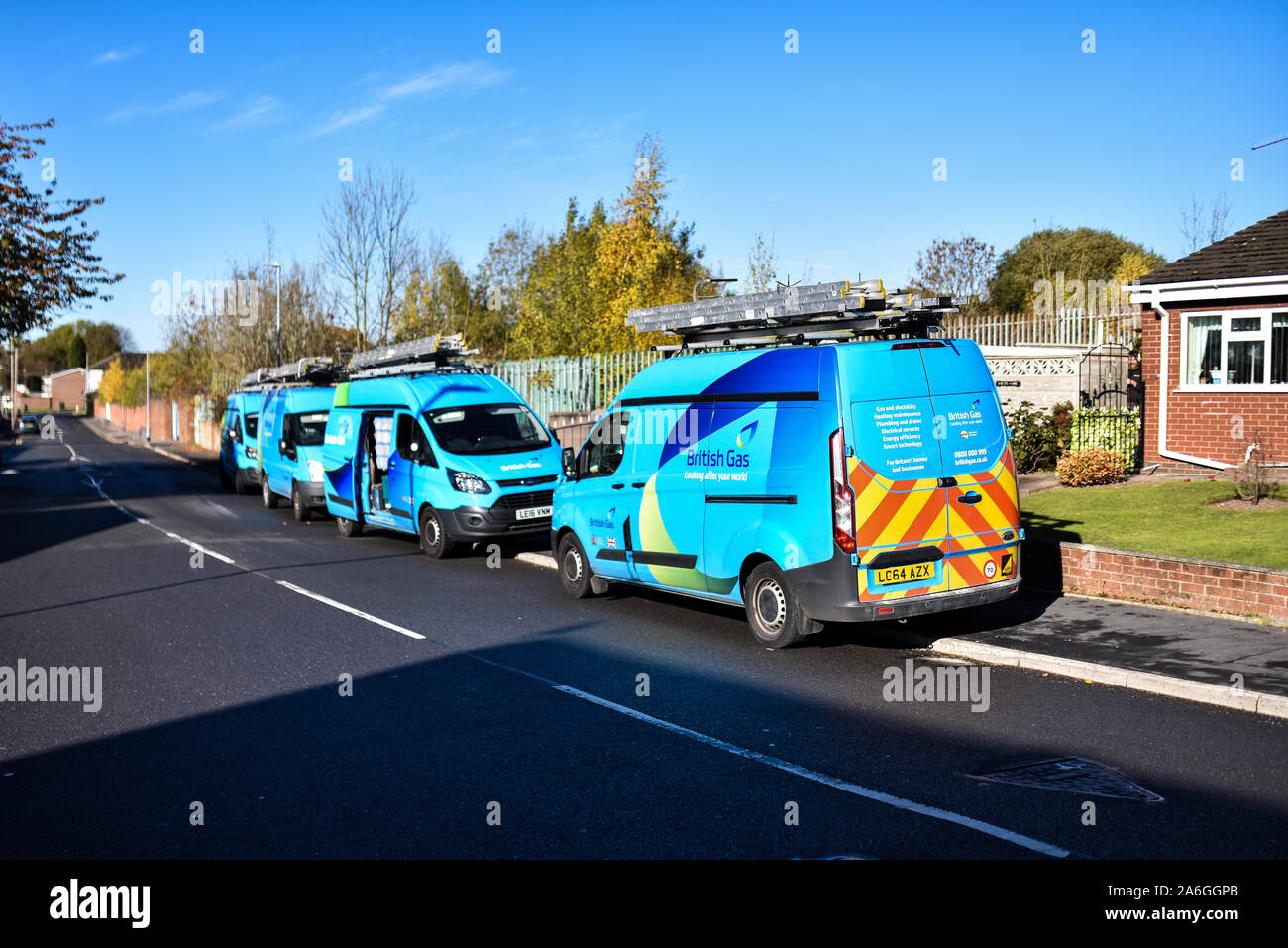 British Gas vans attend an emergency in Meir Hay, on a main road, gas ...