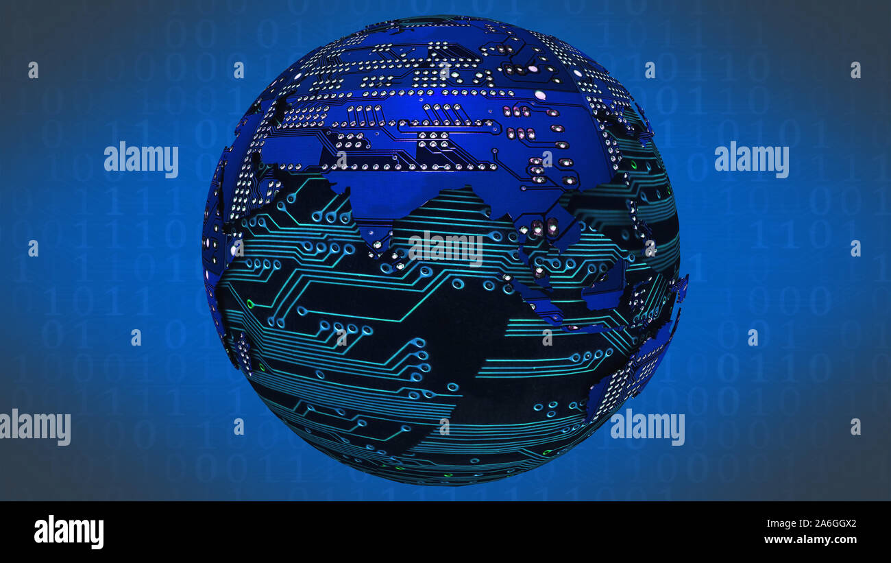 The planet with the circuit board surface. Technology concept. 3d ...