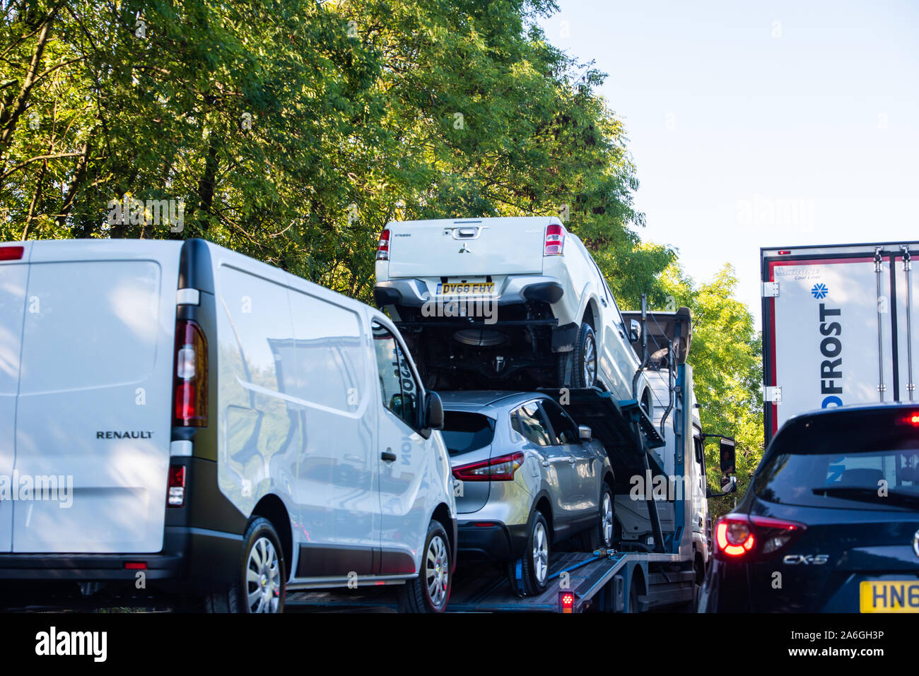 Queues of traffic, cars, vans and lorries on the A500, A50 motorway due ...