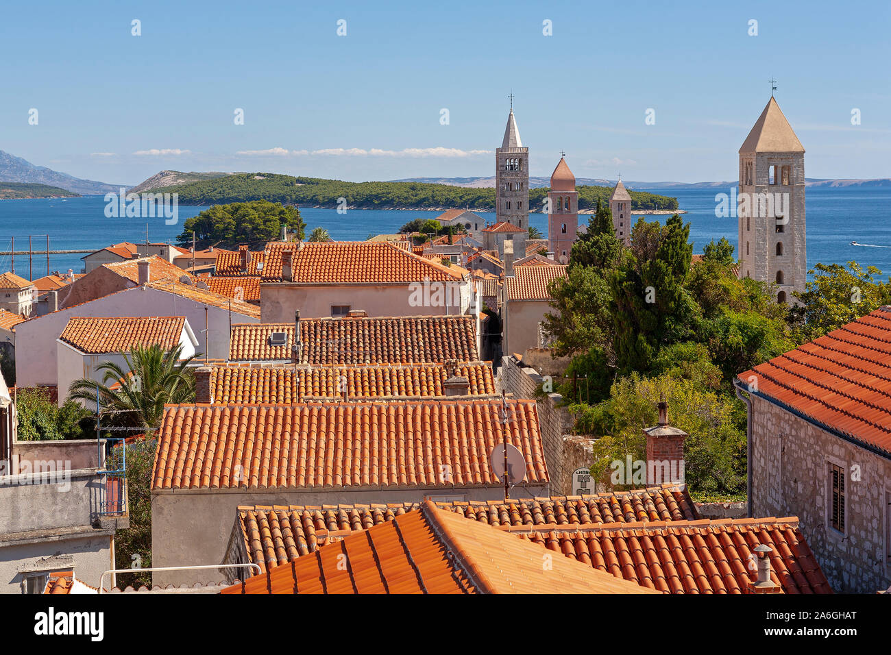The four towers of Rab Town on Rab Island, Kvarner, Croatia Stock Photo ...