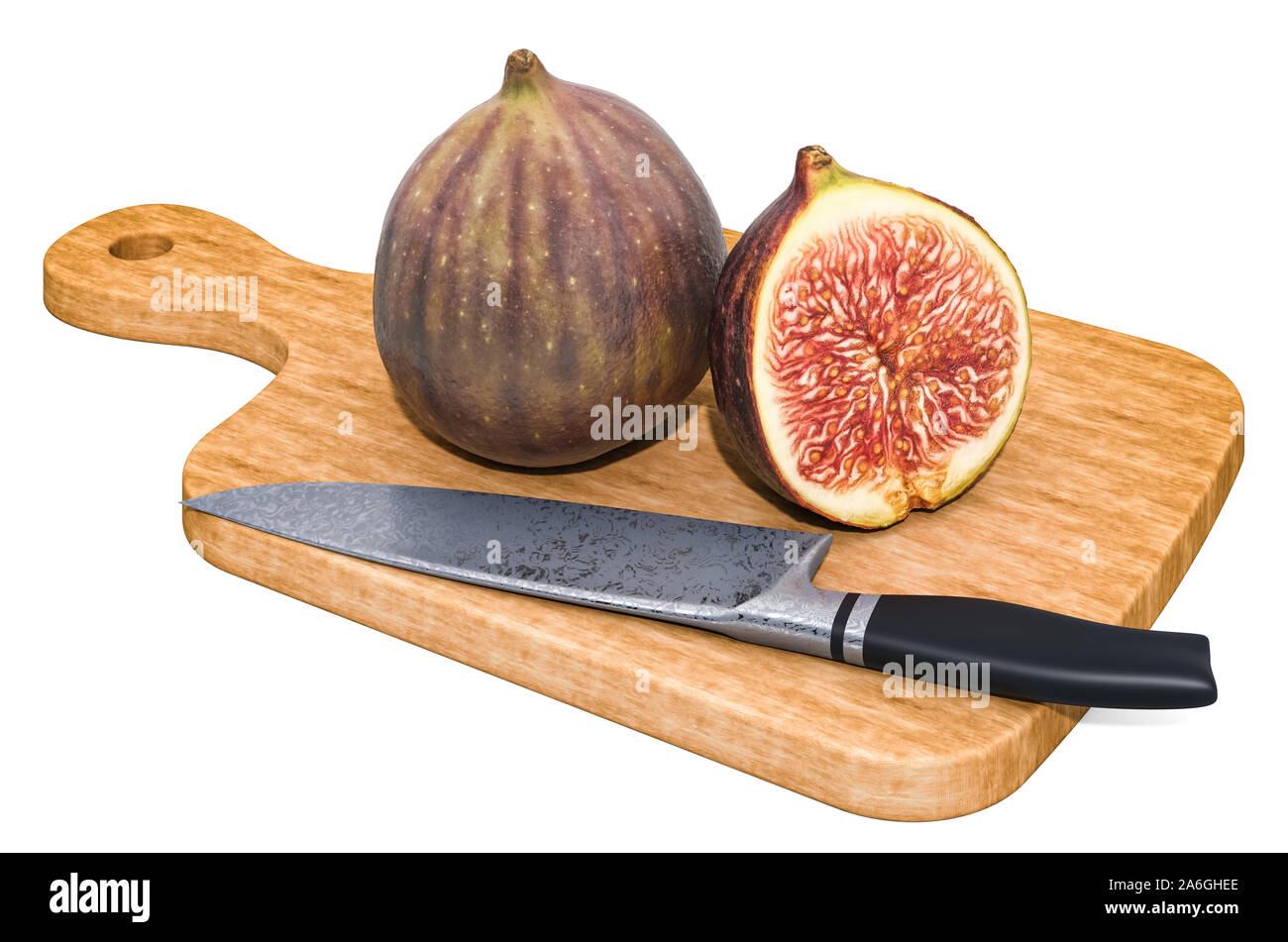 Common fig lies on a wooden board next to a knife, 3D rendering ...