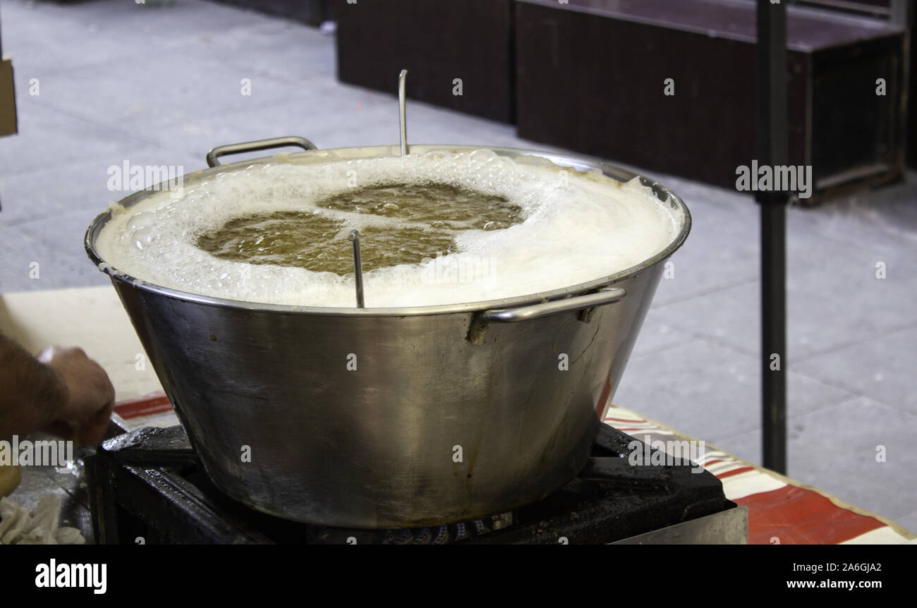 Frying pan with boiling oil in restaurant, kitchen and work Stock Photo ...