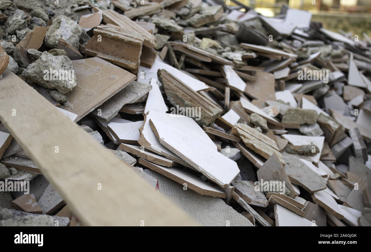 Rubble of tiles in house demolition, construction and architecture ...