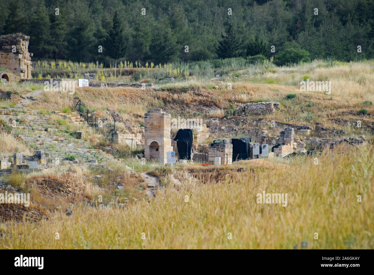 Antique ruins and limestone blocks in Hierapolis, Turkey. Ancient ...
