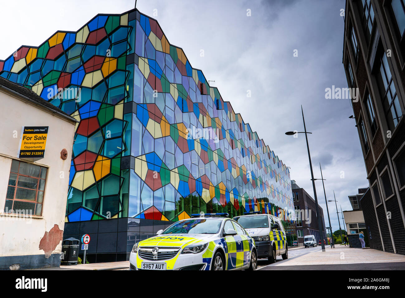A police car and van outside the One Smithfield Stoke City Council ...