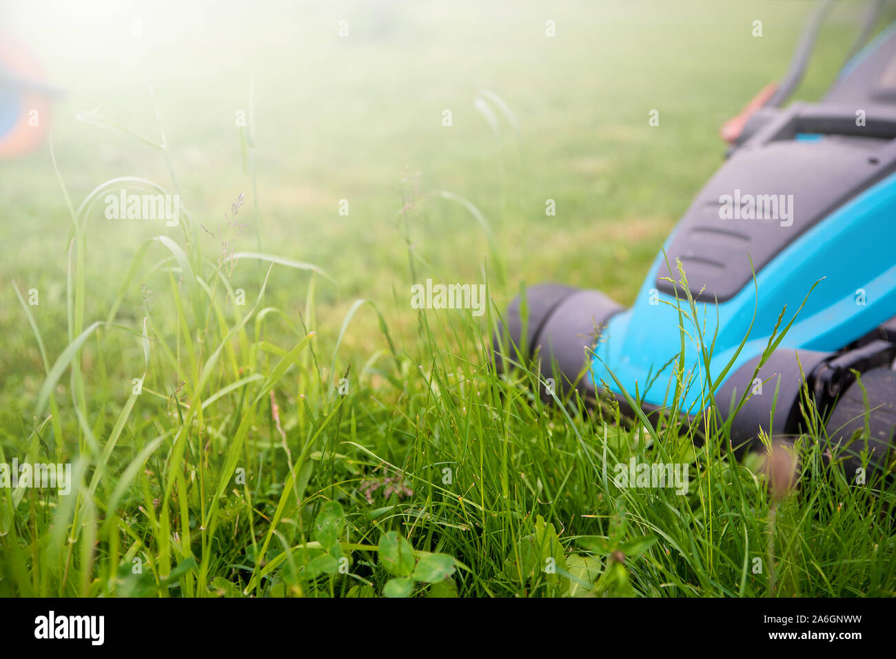 Lawn mower machine in garden. Garden and lawn care theme. Care services ...