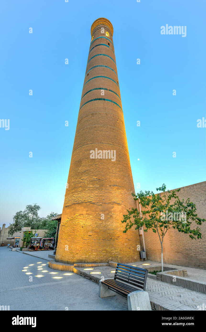 Djuma Mosque Minaret in Khiva, Uzbekistan. The minaret is 33 meters ...